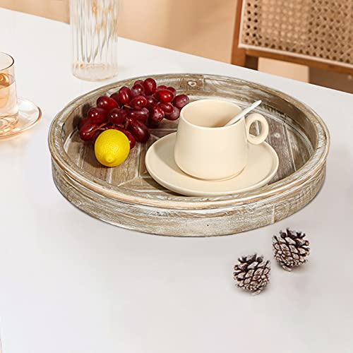 Large Round Serving Tray Without Handle, Solid Wood Circle Tray, Decorative Food Tray for Ottoman, Coffee Table, Breakfast, Drinks Serving Plate Bar Server White Breakfast Tray