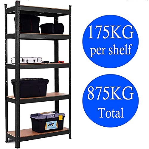 5 Tier Boltless Garage Shelving Adjustable Heavy Duty Shelves Workshop Storage Racking Shelves Organization for Bookcase,Display Cabinet, 875kg Loading Capacity, Black (180x90x40cm),1Pack