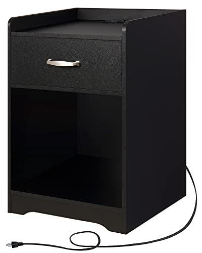 WEENFON Nightstands, Black Nightstand with Charging Station,Bedside Tables, End Table with Drawer, Open Space,Metal Handles, Large Storage,WFET16HN