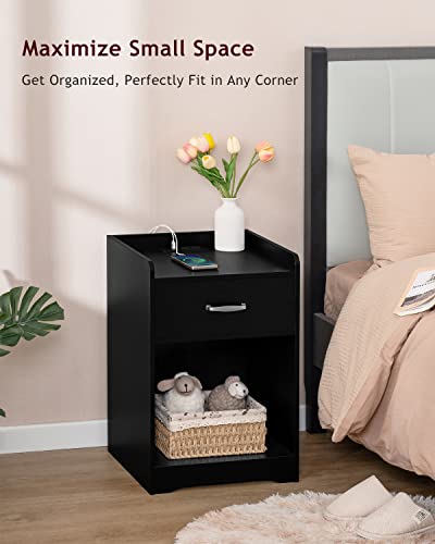 WEENFON Nightstands, Black Nightstand with Charging Station,Bedside Tables, End Table with Drawer, Open Space,Metal Handles, Large Storage,WFET16HN