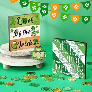 3 Pieces St. Patrick's Day Wood Decors Box Signs Irish Rustic Tabletop Decor Wood Block Plaque Shamrock Tiered Tray Decor May Your Blessings Luck of the Irish for St. Patrick Home Table Decorations