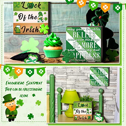 3 Pieces St. Patrick's Day Wood Decors Box Signs Irish Rustic Tabletop Decor Wood Block Plaque Shamrock Tiered Tray Decor May Your Blessings Luck of the Irish for St. Patrick Home Table Decorations