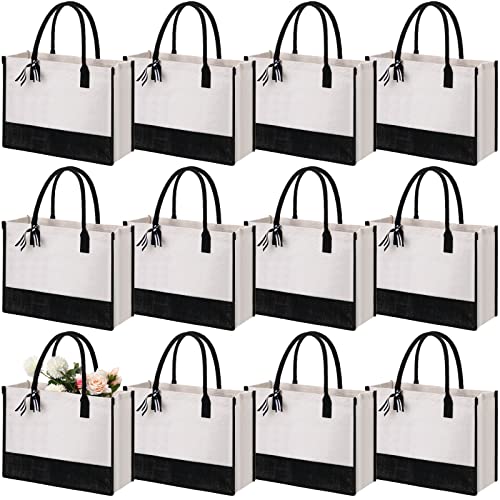 Reginary 12 Pack Burlap Tote Bags Bulk, White Black Large Burlap Tote Bags with Handles, Jute Tote Gift Bags, Blank Tote Bags for Women Shopping DIY Beach Bridesmaid Wedding, 15.8 x 11.8 x 6.7 Inches