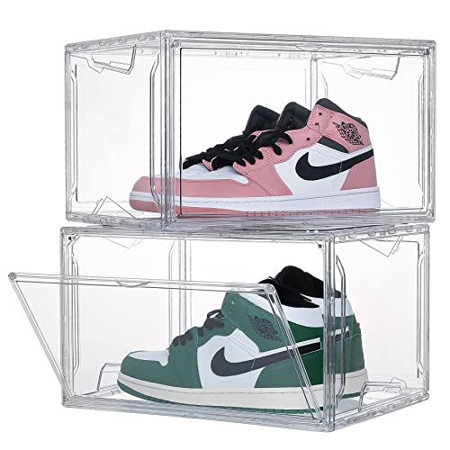 Large Shoe Organizer Storage Boxes for Closet, Fit Size 15, Clear Plastic Stackable Sneaker Containers Bins with Magnetic Door,Great Substitute for Shoe Rack,Space Saving for Entryway, Clear, 2 Pack