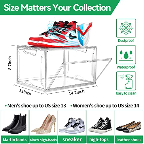 Large Shoe Organizer Storage Boxes for Closet, Fit Size 15, Clear Plastic Stackable Sneaker Containers Bins with Magnetic Door,Great Substitute for Shoe Rack,Space Saving for Entryway, Clear, 2 Pack