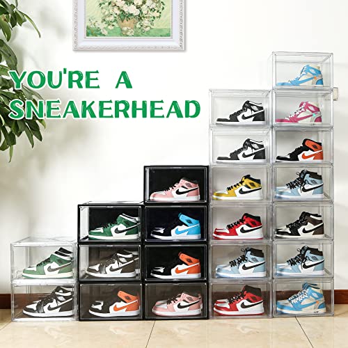 Large Shoe Organizer Storage Boxes for Closet, Fit Size 15, Clear Plastic Stackable Sneaker Containers Bins with Magnetic Door,Great Substitute for Shoe Rack,Space Saving for Entryway, Clear, 2 Pack