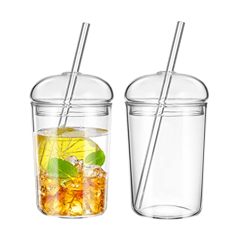 UPKOCH 2 Pcs Glass Cups with Lids and Straws Coffee Tumblers Heat Resistant Milk Cup Clear Drinking Glasses for Bubble Tea Smoothie Coke Soda Home Office Bar