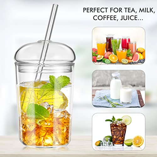 UPKOCH 2 Pcs Glass Cups with Lids and Straws Coffee Tumblers Heat Resistant Milk Cup Clear Drinking Glasses for Bubble Tea Smoothie Coke Soda Home Office Bar