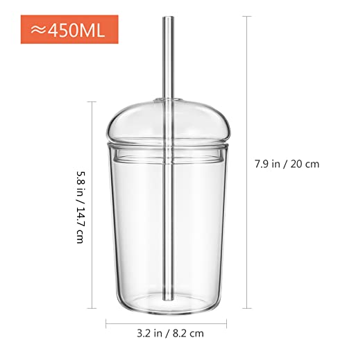 UPKOCH 2 Pcs Glass Cups with Lids and Straws Coffee Tumblers Heat Resistant Milk Cup Clear Drinking Glasses for Bubble Tea Smoothie Coke Soda Home Office Bar