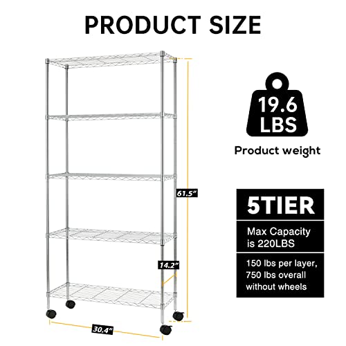 5-Tier Storage Shelf, Wire Shelving Unit NSF Certified Storage Rack 14.2"W x 30.4"D x 61.5"H Adjustable Layer Heavy Duty Metal Rack Steel with Casters Utility Shelves for Kitchen Garage Pantry Chrome