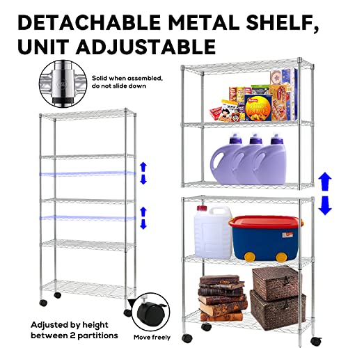 5-Tier Storage Shelf, Wire Shelving Unit NSF Certified Storage Rack 14.2"W x 30.4"D x 61.5"H Adjustable Layer Heavy Duty Metal Rack Steel with Casters Utility Shelves for Kitchen Garage Pantry Chrome