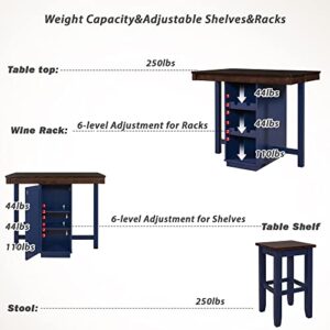 Knocbel Farmhouse 4-Person Counter Height Rectangular Dining Table with Adjustable Shelves and Wine Rack, Wooden Kitchen Dining Room Small Space Furniture (Brown and Blue)