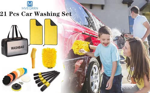 MVEQRRN 21pcs Car Cleaning Kit, Car Detailing Brush Set,Car Wash Kit for Interior and Exterior, Car Care Kit All Cleaning Suppliess Set Detailing with Microfiber Towels,Buffing Sponge Pads Kit