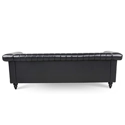 NITYASUNDARA Large Couch,Chesterfield Sofa， 3 Seater Sofa for Living Room，Square handrail Vertical Stripe Sofa Couch，Faux Leather Couch. (Black Sofa)