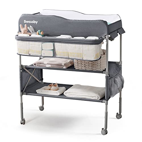 Sweeby Portable Baby Changing Table, Foldable Changing Table Dresser Changing Station for Infant, Waterproof Diaper Changing Table Pad Topper, Mobile Nursery Organizer for Newborn Essentials,Dark Grey