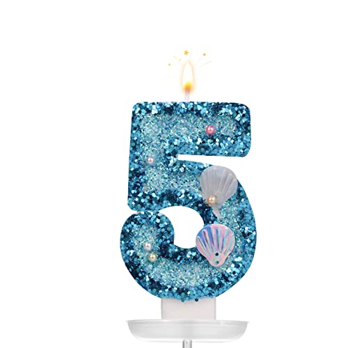 2.8inch Birthday Number Candle, Shell Sequins Number Candles Blue Glitter Number Candle Cake Numeral Candles for Birthday Anniversary Mermaid Themed Party (Number 5)