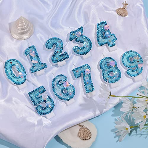 2.8inch Birthday Number Candle, Shell Sequins Number Candles Blue Glitter Number Candle Cake Numeral Candles for Birthday Anniversary Mermaid Themed Party (Number 5)