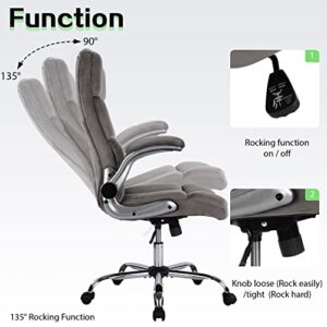 KCREAM High Back Fabric Home Office Chair Executive Computer Desk Chair Swivel, Adjustable Tilt Angle and Flip-up Arms and Comfy Thick Padding for Comfort and Ergonomic Back Support (Grey)