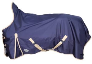 hercules 1680d mid neck rainsheet for horse | windproof, waterproof & breathable rainsheet for horse | double front closures with quick snap & velcro assists & buckle | navy/beige binding, 75"