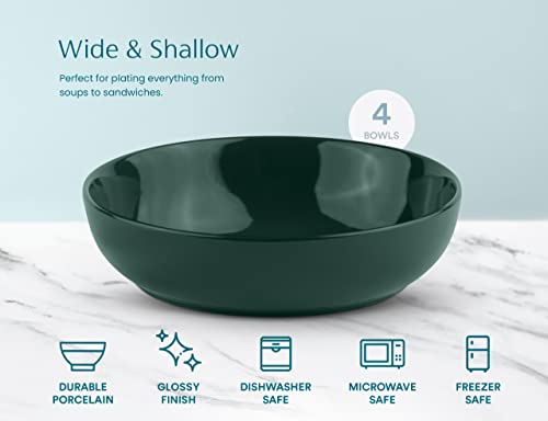 KooK Porcelain Pasta Bowl Set, For Soups and Salads, Serving Bowls, Large Capacity, Microwave & Dishwasher Safe, Set of 4, 40 oz (Hunter Green)