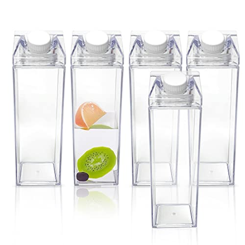 DynastyEdition-5Pack Clear Acrylic BPA free Milk CartonBottles-500ML. Reusable Leakproof Creative & Portable Transparent Square Shaped Top for Fun Outdoor Sports Travel Camping and School Activities.