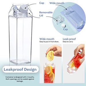 DynastyEdition-5Pack Clear Acrylic BPA free Milk CartonBottles-500ML. Reusable Leakproof Creative & Portable Transparent Square Shaped Top for Fun Outdoor Sports Travel Camping and School Activities.