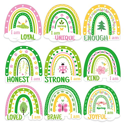 Yopyame 63PCS Boho Rainbow Bulletin Board Cutouts with Motivational and Positive Saying Springtime Bohemian Rainbow Classroom Cutout Decor Growth Mindset Inspirational Reading Room Wall Decor