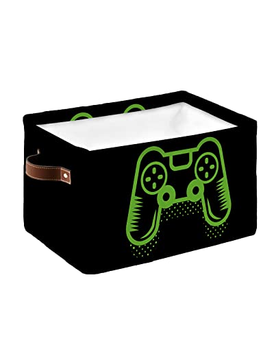 Gaming Cube Storage Organizer Bins with Handles,1PC 15x11x9.5 Inch Collapsible Canvas Cloth Fabric Storage Basket,Green Kids Game Video Games Gamepad Controller Black Kids' Toys Bin Boxes for Shelves