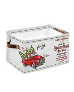 christmas cube storage organizer bins with handles,1pc 15x11x9.5 inch collapsible canvas cloth fabric storage basket,xmas red truck winter snowy tree poinsettia flower kids' toys bin boxes for shelves