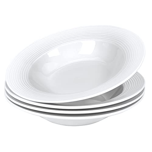 ZWERITOO Rim Pasta Bowls Soup Bowls - Set of 4, Pasta Plate Porcelain Rimmed Bowls, Shallow Bowls for Kitchen, Rimmed White Plates and Bowls Set, Microwave Oven Safe, Mother's Day Gift