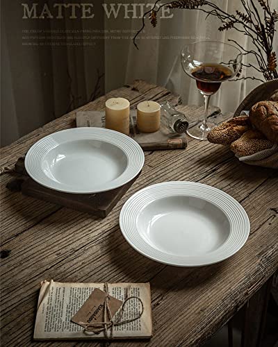 ZWERITOO Rim Pasta Bowls Soup Bowls - Set of 4, Pasta Plate Porcelain Rimmed Bowls, Shallow Bowls for Kitchen, Rimmed White Plates and Bowls Set, Microwave Oven Safe, Mother's Day Gift