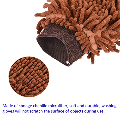 M METERXITY Microfiber Chenille Wash Mitt - Double Side Reusable Gloves for Cleaning, Scratch-Free, Apply to Car Cleaning, Kitchen (9.84 x 6.69'', Brown)