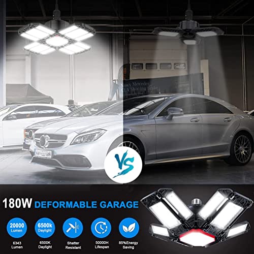 StillCool Garage Lights Ceiling Led, 2 Pack Shop Lights 180W 20000LM 6500K Garage Lights, 12 Adjustable Panels Deformable Ceiling Lighting Fixture - E26/E27 Bay Light for Barn, Workshop, Basement etc.