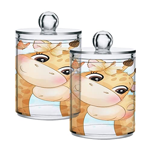 Kigai 2 Pack Apothecary Jars Cute Little Giraffe Qtip Holder Organizer Clear Airtight Container for Cotton Swabs Food Storage 14oz Plastic Jars with Lids