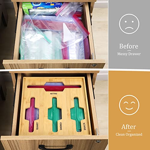 Bamboo Ziplock Bag Storage Organizer, vinlley Bag Storage Organizer for Kitchen Drawer, Bamboo Organizer,with Slider, Compatible with Gallon, Quart, Sandwich and Snack Variety Size Bag (1 Box 4 Slots)