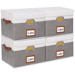 yawinhe 4-pack storage boxes with lids, storage baskets cubes, 13x9x7.9inch, fabric storage bins organizer containers with dual leather handles for home bedroom closet office white/grey