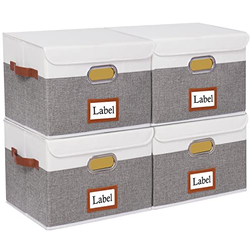 Yawinhe 4-Pack Storage Boxes with Lids, Storage Baskets Cubes, 13x9x7.9Inch, Fabric Storage Bins Organizer Containers with Dual Leather Handles for Home Bedroom Closet Office White/Grey