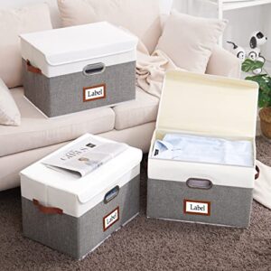 Yawinhe 4-Pack Storage Boxes with Lids, Storage Baskets Cubes, 13x9x7.9Inch, Fabric Storage Bins Organizer Containers with Dual Leather Handles for Home Bedroom Closet Office White/Grey