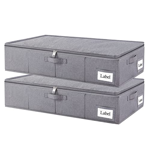 Yawinhe 2 Pack Under Bed Storage Containers with 4Handles,Sturdy Zipper und Label Holders, 23.62x11.8x6in,Foldable Blanket Storage Bags, for Comforter, Blanket, Clothing, Grey SNH002GS-2