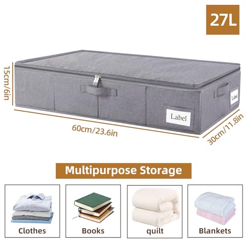 Yawinhe 2 Pack Under Bed Storage Containers with 4Handles,Sturdy Zipper und Label Holders, 23.62x11.8x6in,Foldable Blanket Storage Bags, for Comforter, Blanket, Clothing, Grey SNH002GS-2