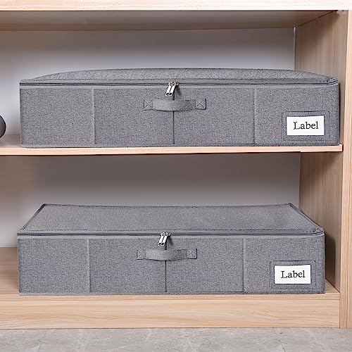 Yawinhe 2 Pack Under Bed Storage Containers with 4Handles,Sturdy Zipper und Label Holders, 23.62x11.8x6in,Foldable Blanket Storage Bags, for Comforter, Blanket, Clothing, Grey SNH002GS-2