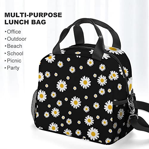 VIGKOIR Daisy Lunch Bag Durable Black Gift Lunch Box Large Cooler Container for Women Office Work Travel Picnic