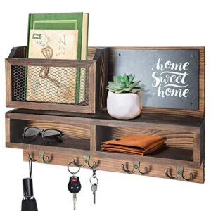 key holder for wall, mail organizer wall mount with key hooks and wallet holder, sunglasses storage and dog leash holder, wall decorative with 4 double hooks and chalkboard