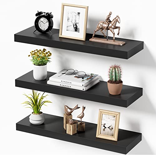 Fixwal Black Floating Shelves, Set of 3 Wall Shelves, Large 24in x 6in Wall Mounted Shelf for Bedroom, Living Room, Bathroom and Plants