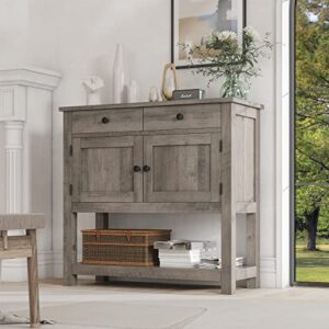 HOSTACK Farmhouse Console Table with 2-Door Cabinet & 2 Drawers, Coffee Bar, Entryway Storage Shelf, Sofa Tables Buffet Sideboard for Kitchen, Hallway, Dining, Living Room, Ash Gray