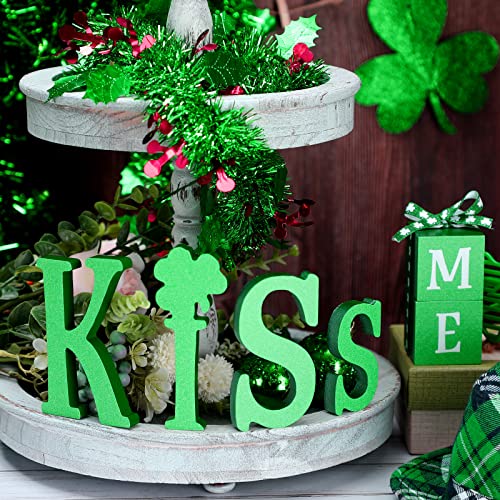 5 Pcs St Patricks Day Decorations Kiss Me Letter Wooden Sign Farmhouse Irish Table Decor with Green Four Leaf for Gift Desk Home Office Supplies Party Rustic Decor