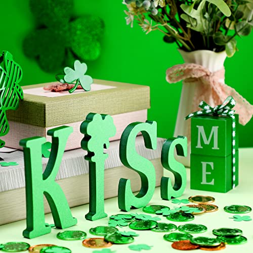 5 Pcs St Patricks Day Decorations Kiss Me Letter Wooden Sign Farmhouse Irish Table Decor with Green Four Leaf for Gift Desk Home Office Supplies Party Rustic Decor