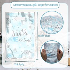 100Pcs Winter Gift Bags-Winter Onederland Baby Shower Decorations Snowflake Plastic Bags Winter Frozen Party Favor Winter Onederland 1st Birthday Bags(Winter Blue)