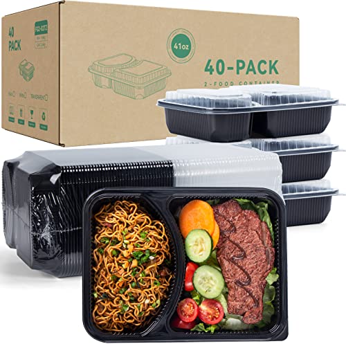 YANGRUI To Go Containers, 40 Pack (40 Trays + 40 Lids) 41oz 2 Compartment BPA Free Reusable Take Out Box Shrink Wrap Machine Washable Meal Prep Container