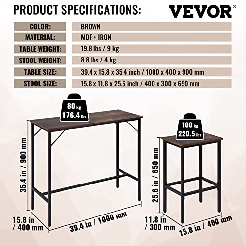 VEVOR 39" Bar Chairs Pub Table Set w/ 2 Stools, Brown